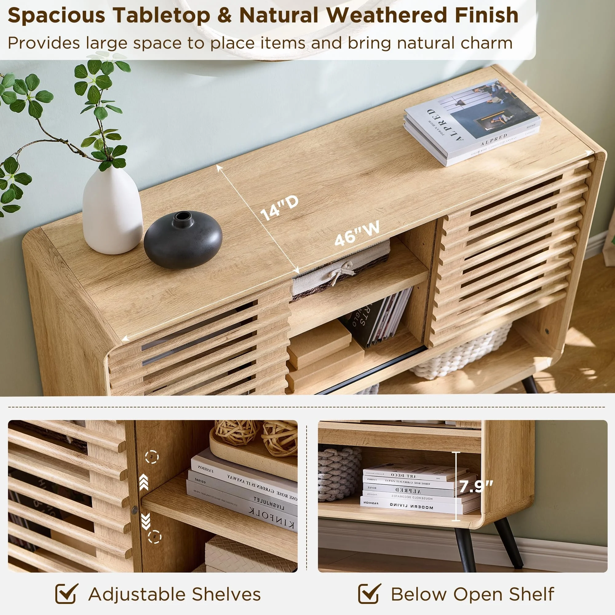 Modern Wood Console Table Sliding Slatted Door Adjustable Open Storage ...