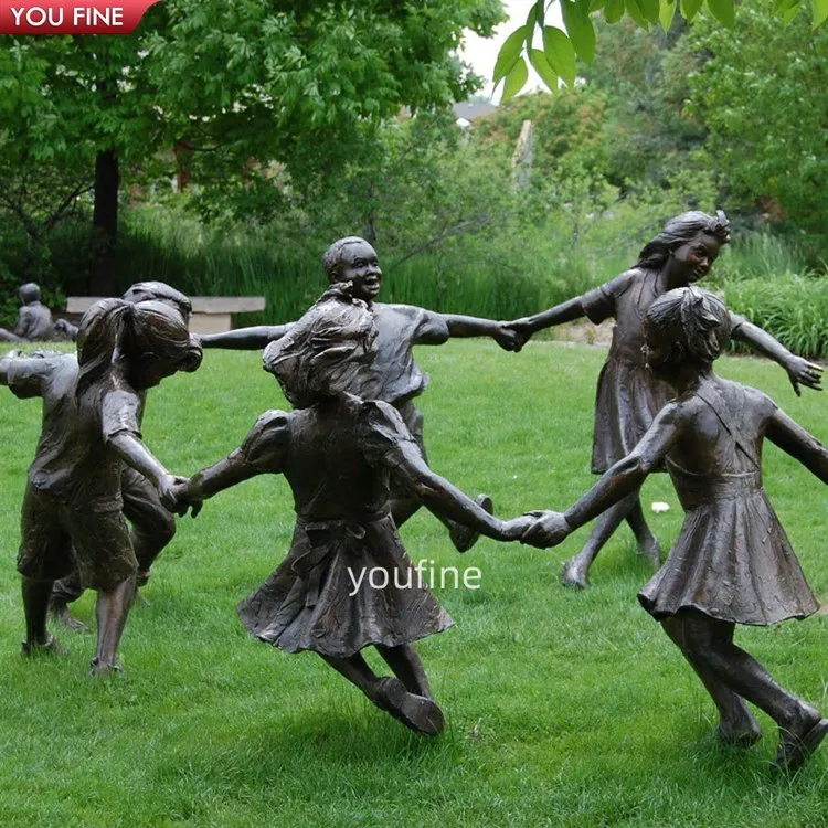 Life Size Outdoor Garden Bronze Children Statue - Happy Hand in Hand