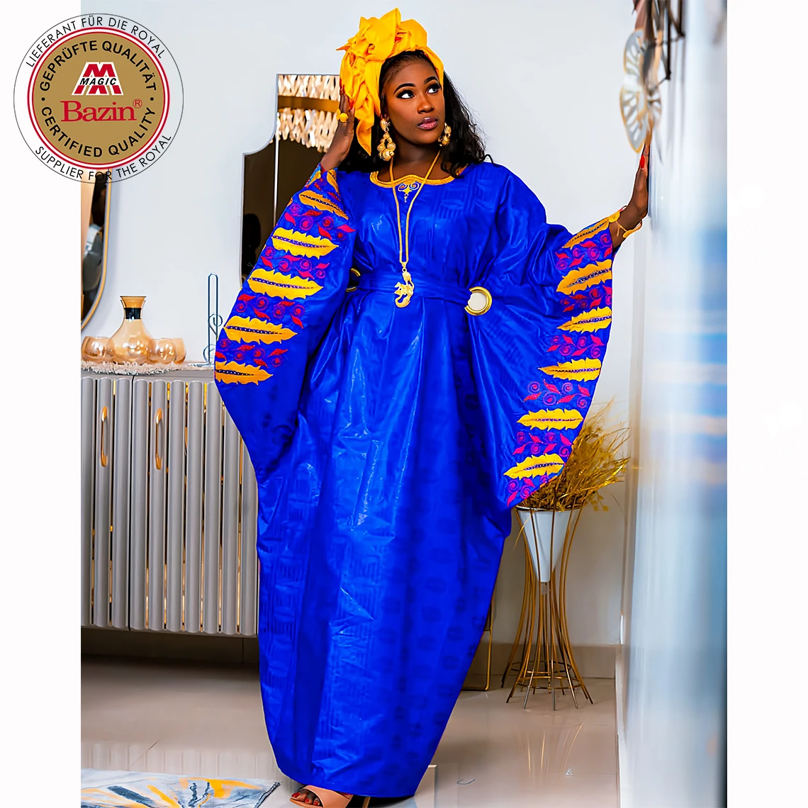 Blue Original Guipure Bazin Riche Dresses for African Women