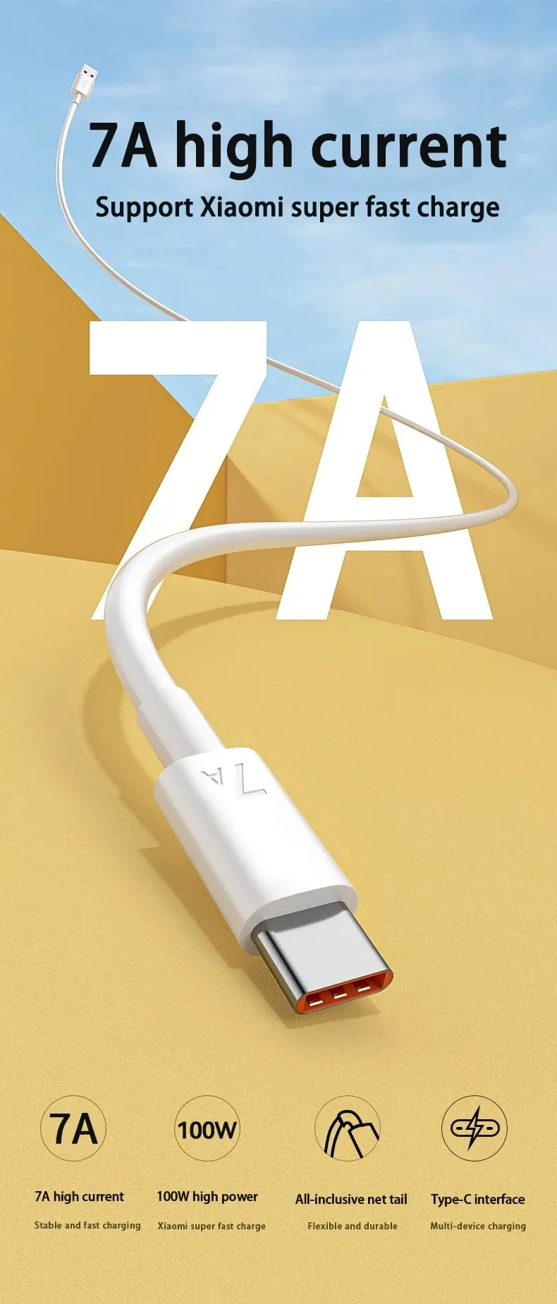 Super Fast 7A 100W Type C USB Charging Cable for Android