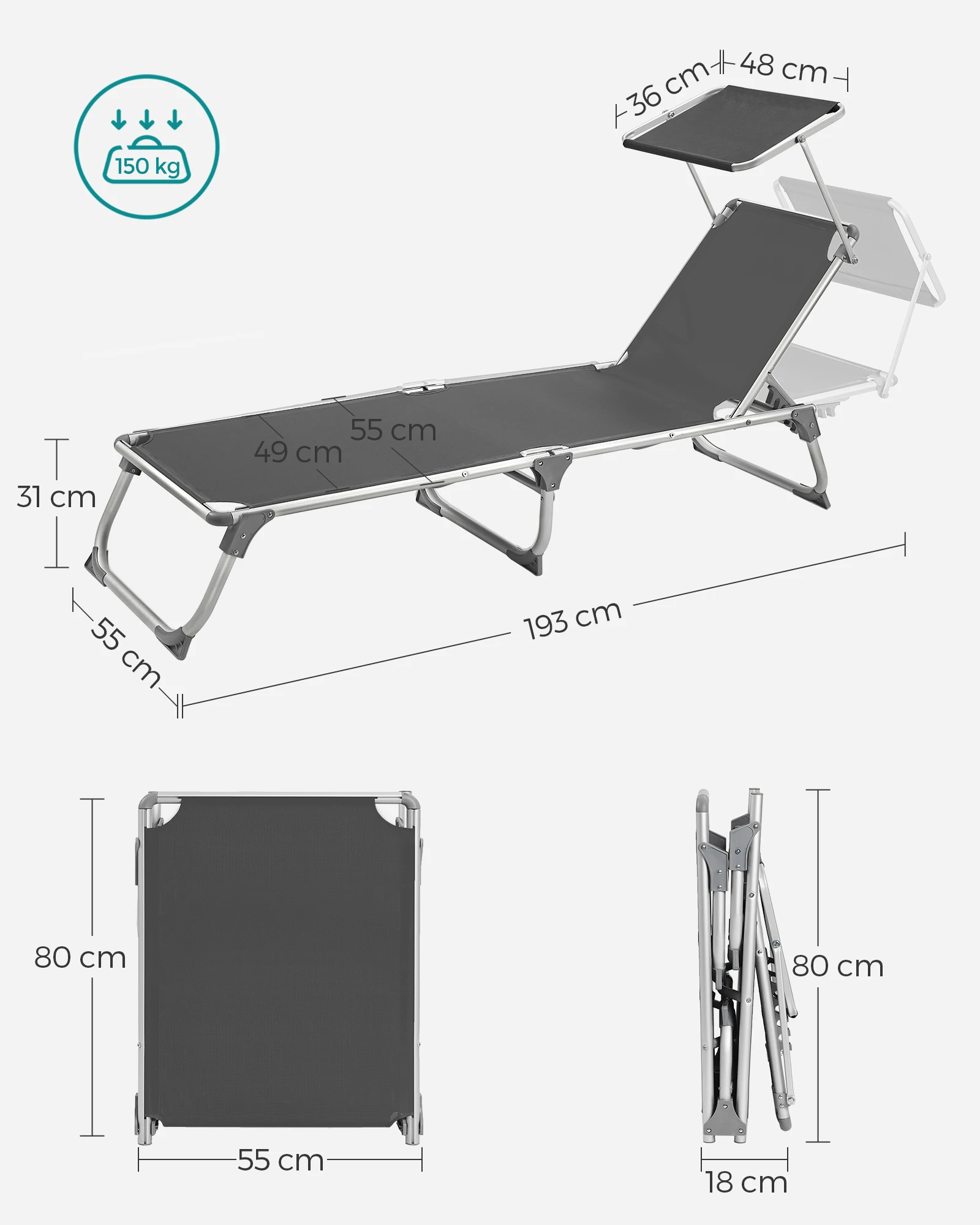 SONGMICS Aluminum Adjustable Sun Beach Lounger Bed Folding Sun Lounger ...