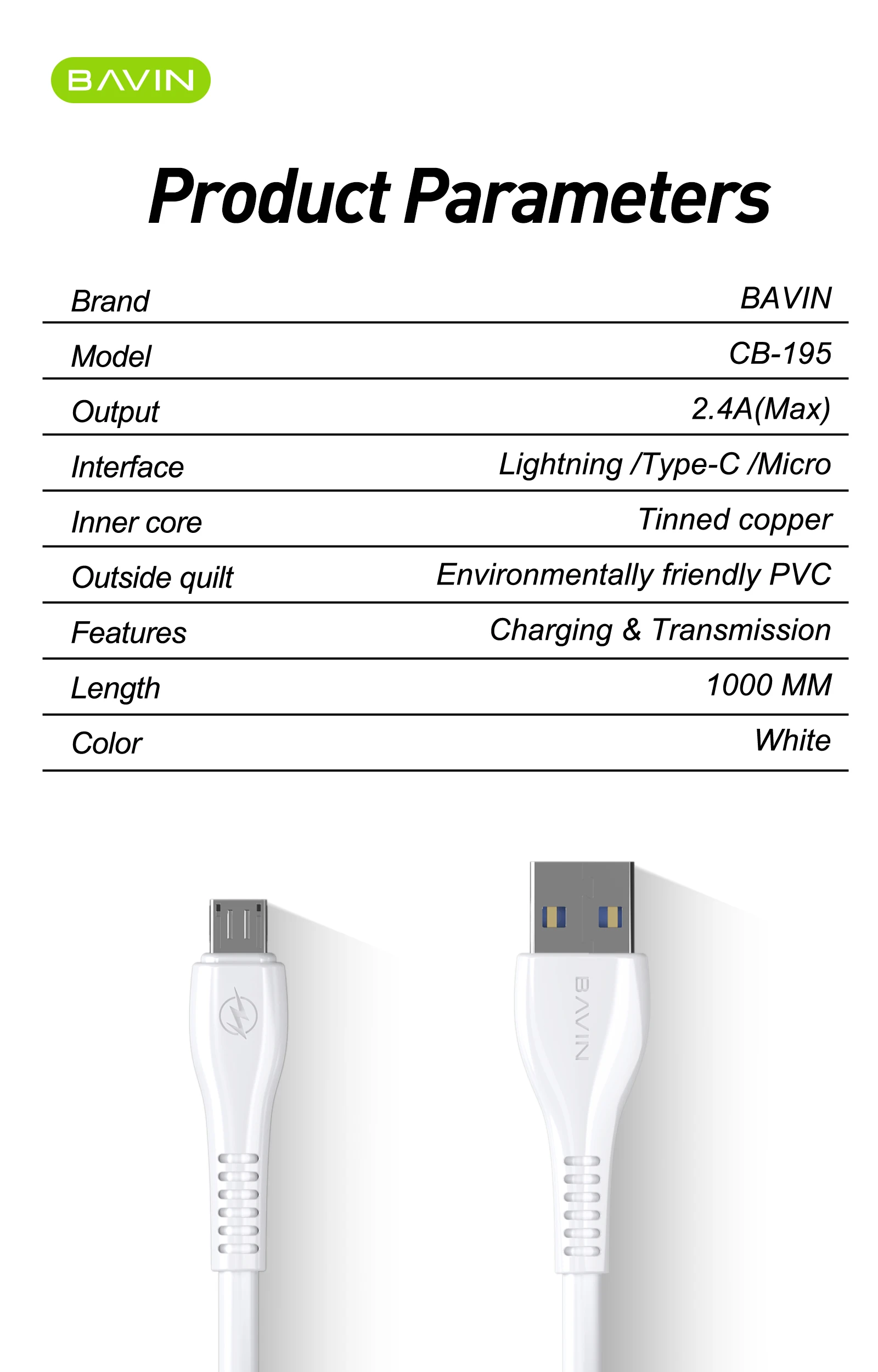 Bavin Cb-195 Hot Selling Date Cable Micro Type C 2.4a Fast Charging ...