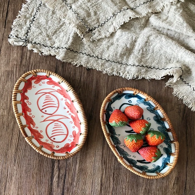 Home Storage Handmade Eco-friendly Rattan Porcelain Splicing Oval Fruit ...