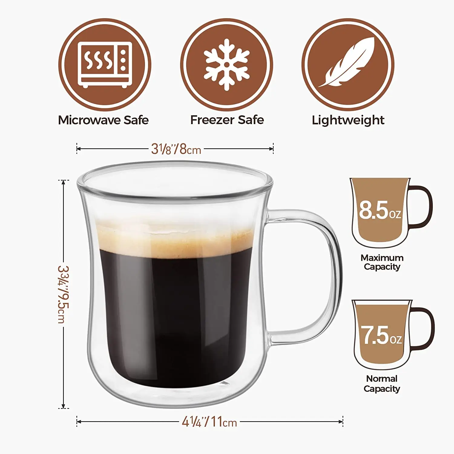8oz Double Walled Glass Coffee Mugs Thermal Insulated Borosilicate ...