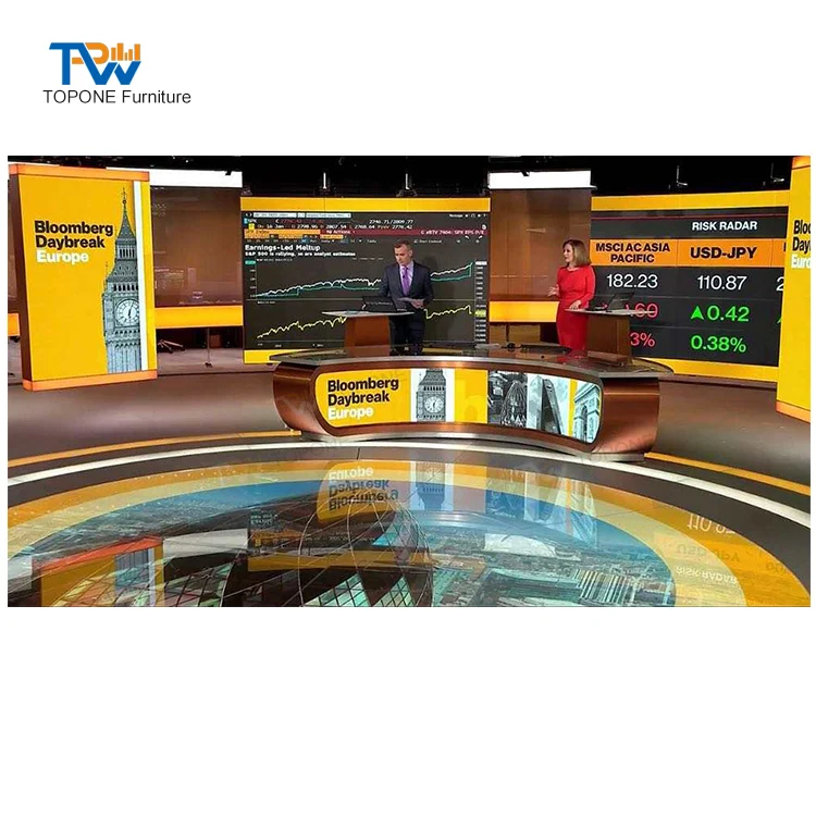 White Curved Reception Desk - Modern Gold Color TV News Desk