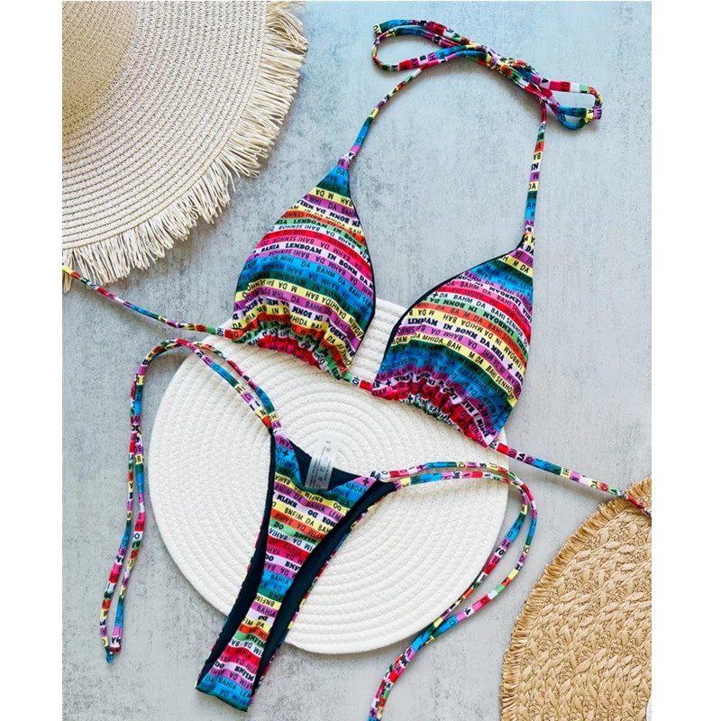 Women's 2 Piece Letter Print Bikini Smocked Drawstring Side Triangle ...