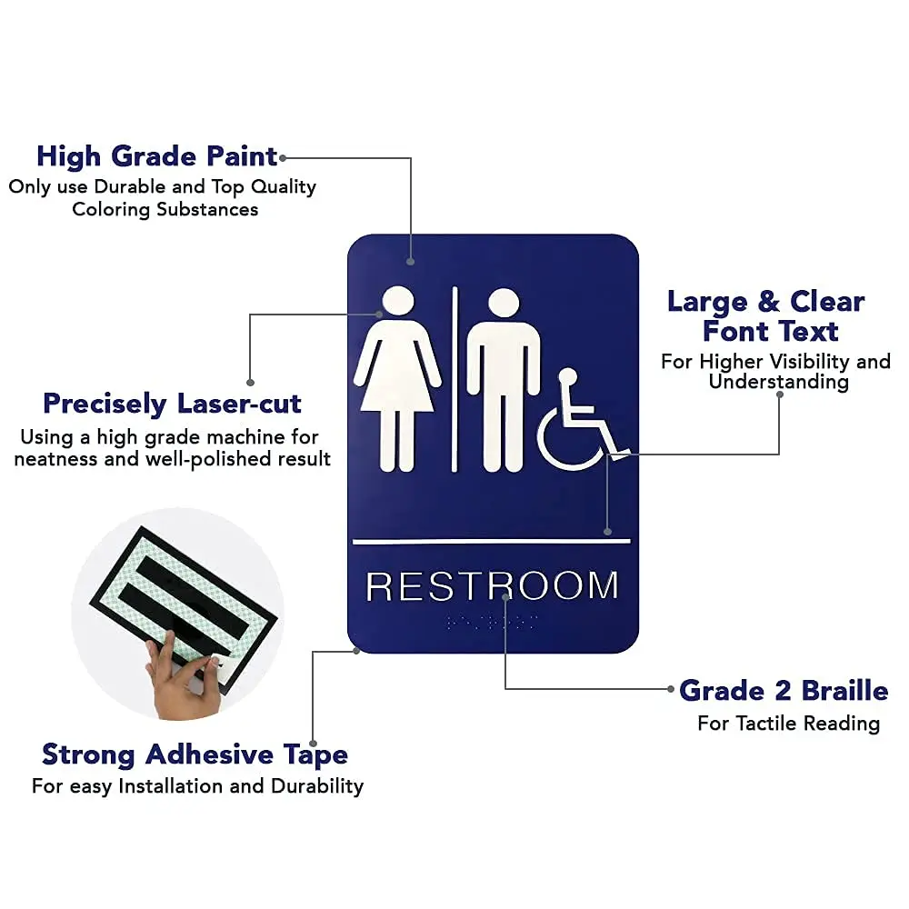 Unisex Braille Restroom Sign - Blue Bathroom Sign With Double Sided ...