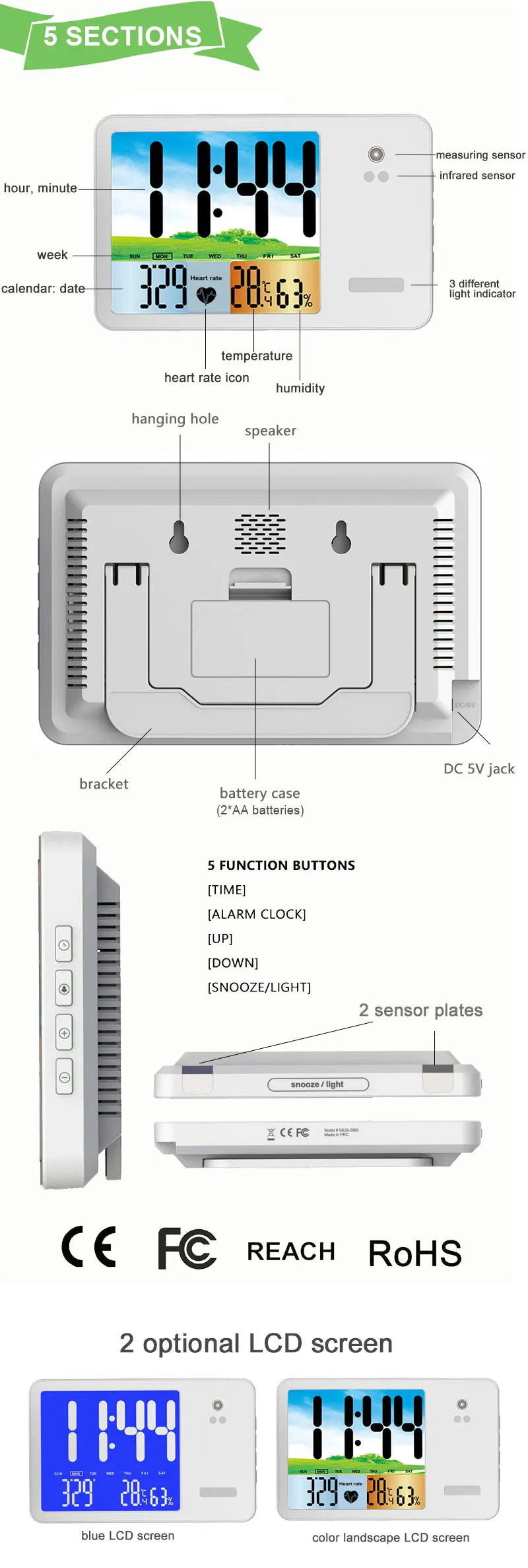 2021 New Patented Rcc Alarm Clock With Heart Rate Monitor Thermometer ...