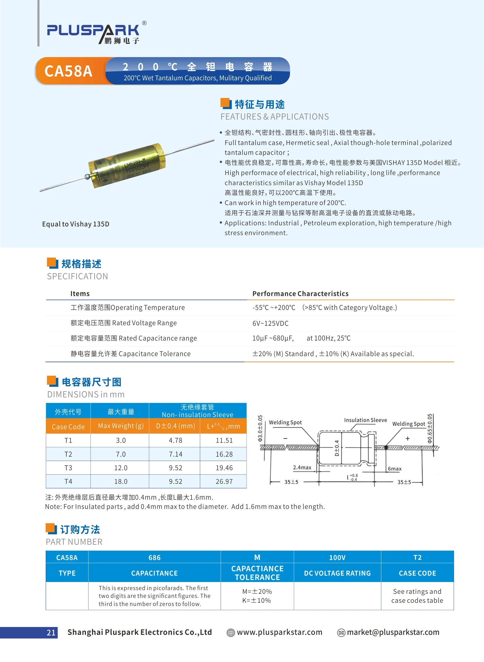 CA58A HT Tantalum Capacitor 15uF 30V 200°C Axial Wire Lead for Downhole ...