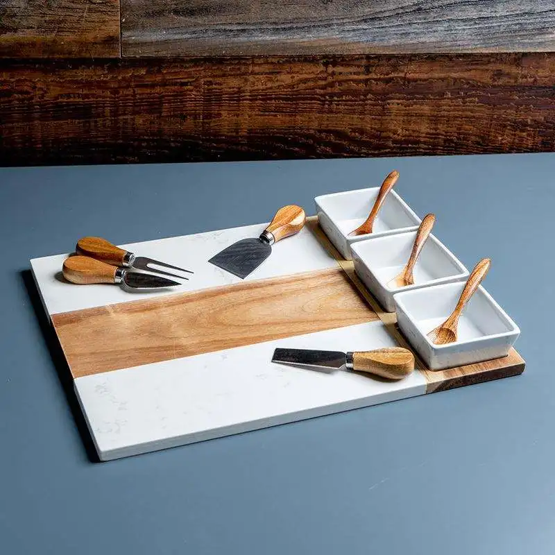 Charcuterie Serving Platter Wood Marble Cheese Board Set With 3 Bowls 3 ...