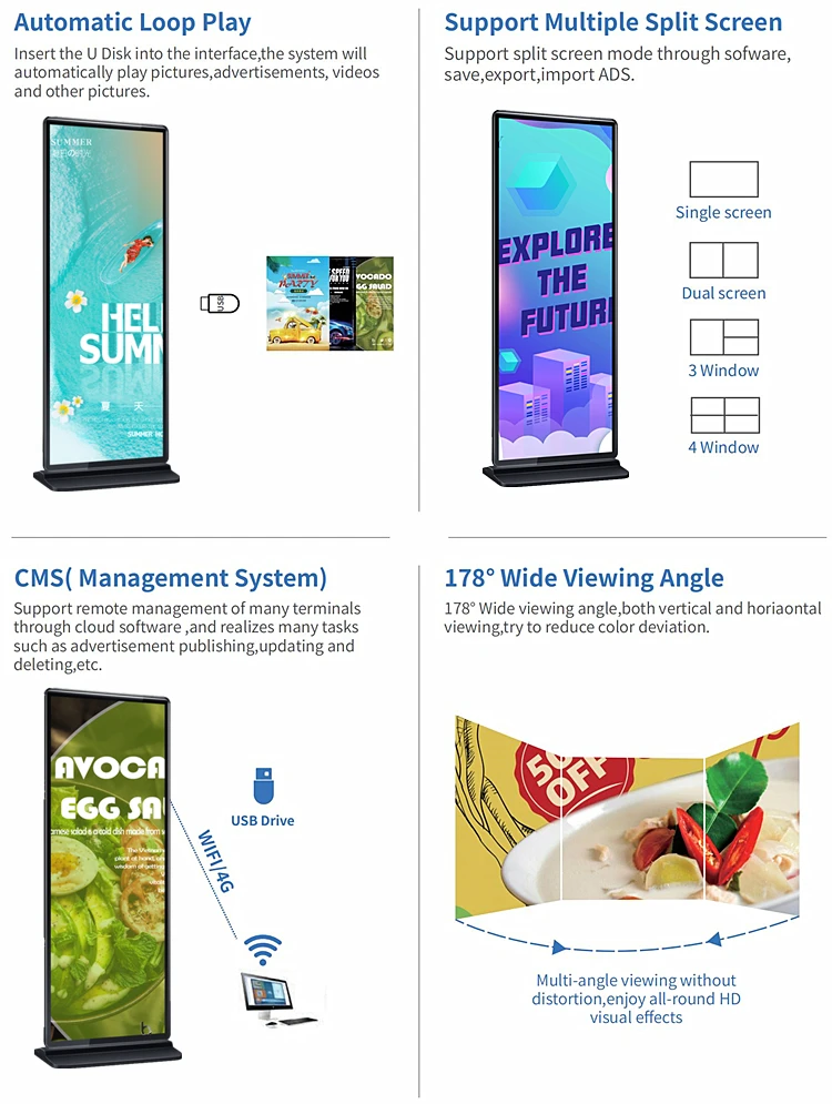 Ultra Thin Floor Standing Advertising Signage 70/75/86 Inch Full Screen ...