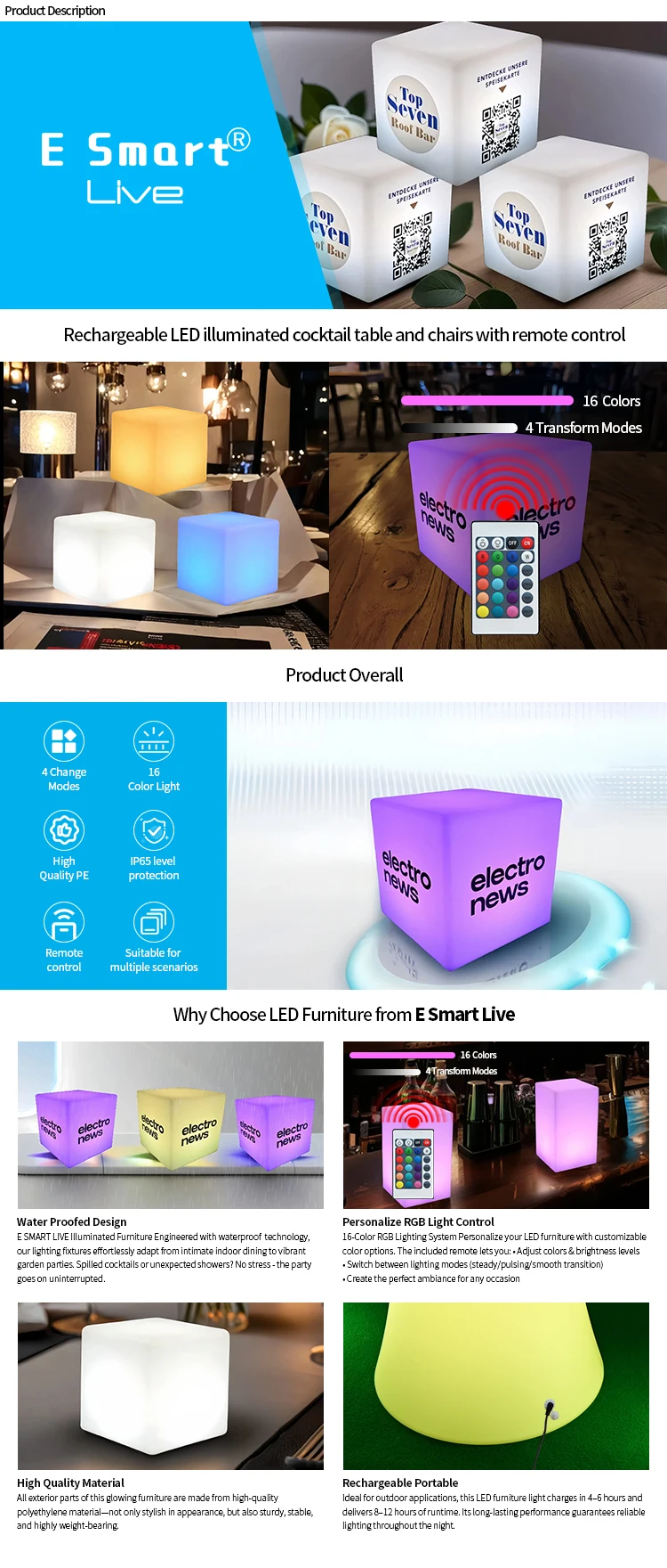 16'' Cordless LED Cube Chair Light LED Cube Seat for Adult Kid, RGB ...