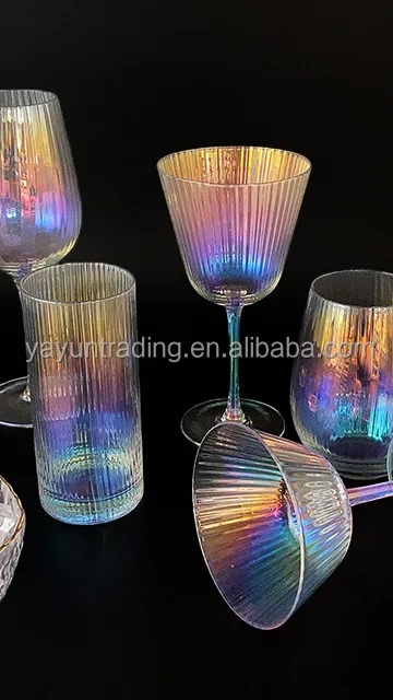 Unique Tumblers Goblets Set Iridescent Popular Ribbed Long Stem ...