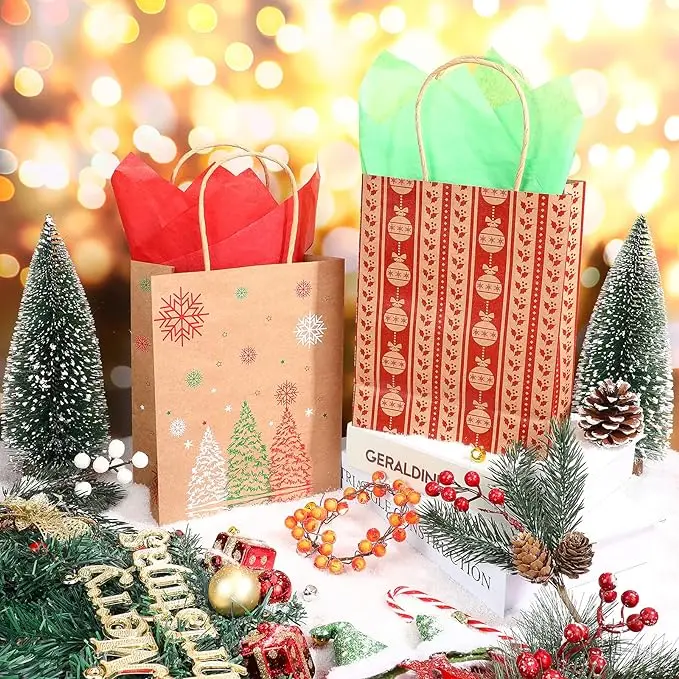 60 Pieces Christmas Gift Bags 9 Inch Kraft Paper Bags Holiday Gift Bags ...