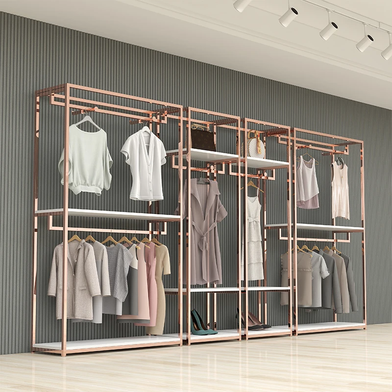 Shiny Rose Gold Stainless Steel Display Racks for Lady Clothes Shop