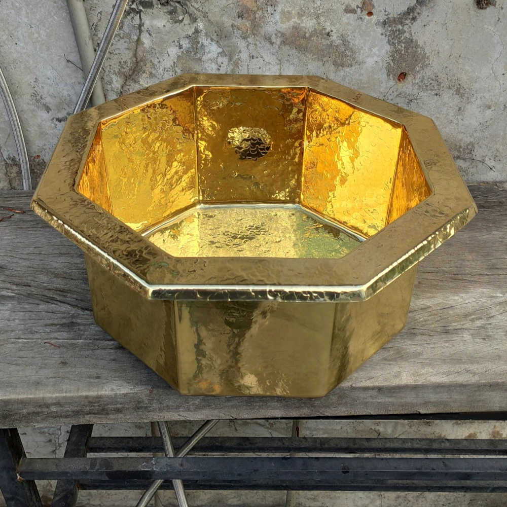Handmade Octagon Shaped Hand Hammered Gold Color Brass Sink