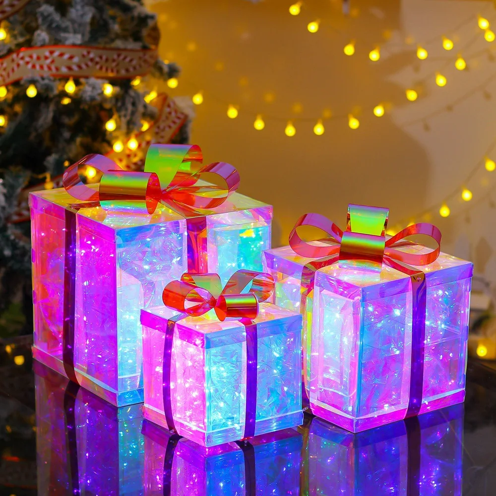Holographic Christmas Glowing Led Gift Box Glow Decoration For New Year ...