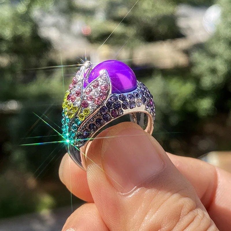 Huitan Vintage Big Lady Full Stone Ring Silver Color Purple Bead ...