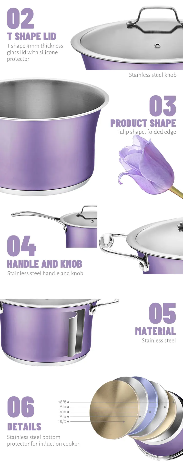 Luxurious And Stylish Purple 12pcs Stainless Steel Tulip Shape Cookware ...