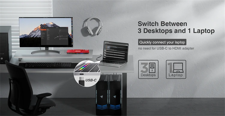 Tesmart Usb C Kvm Switch 4k Ports Usb Type-c Kvm Switches With Analog L ...