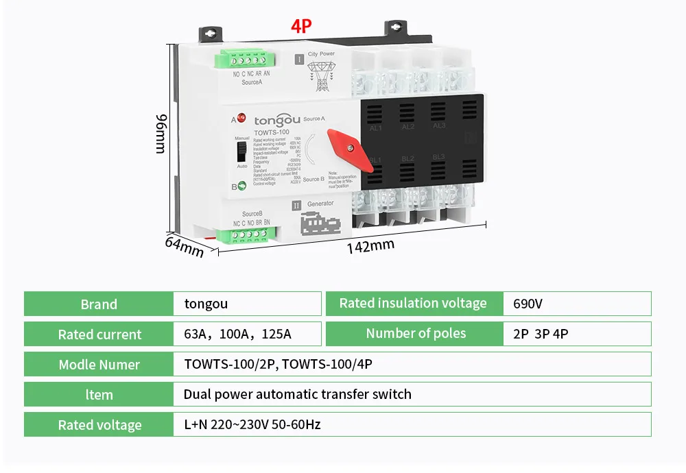 TONGOU 4P 16A 40A 63A 100A Automatic Transfer Switch 220V