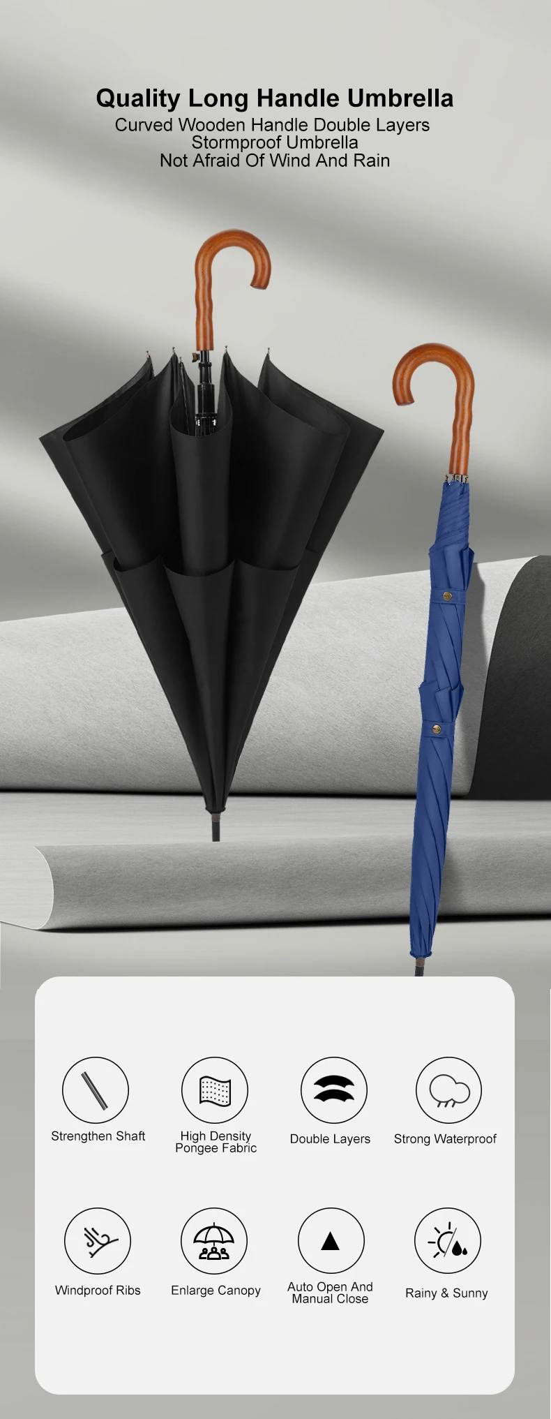 Solid Wooden Curved Handle Stick Umbrella 27 Inch Double Layer Air ...