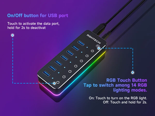 Rshtech Powered Rgb 7 Port Usb 3.0 Hub Individual Rsh-518r 14 Mode Rgb ...