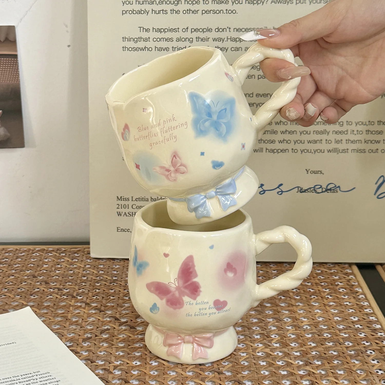 Lelyi Ins Style Cartoon Cute Butterfly Goblet Ceramic Mug