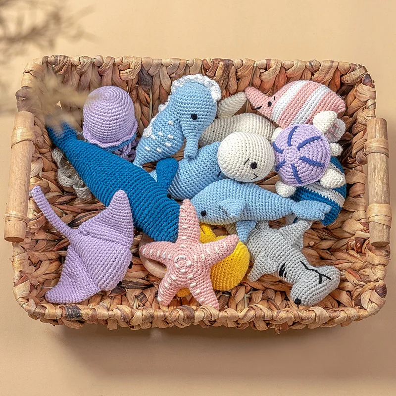 New Style Wood Baby Rattle Wooden Teether Crochet Seahorse Turtle Doll ...