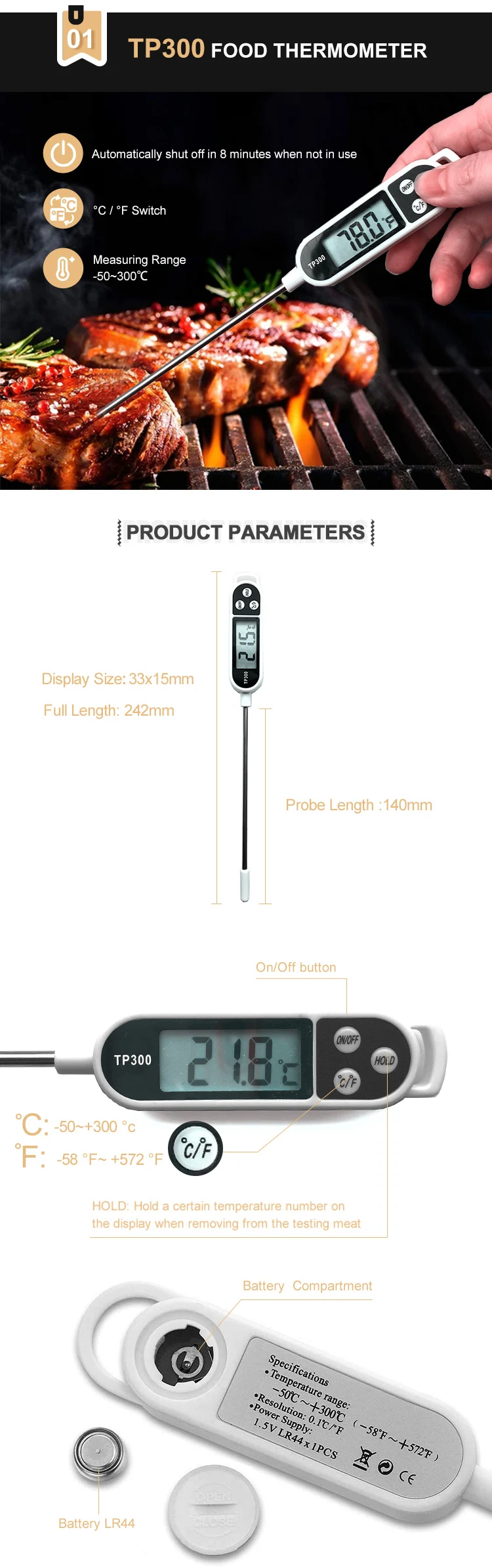 TP101 TP300 Digital Meat Thermometers - Precision Cooking