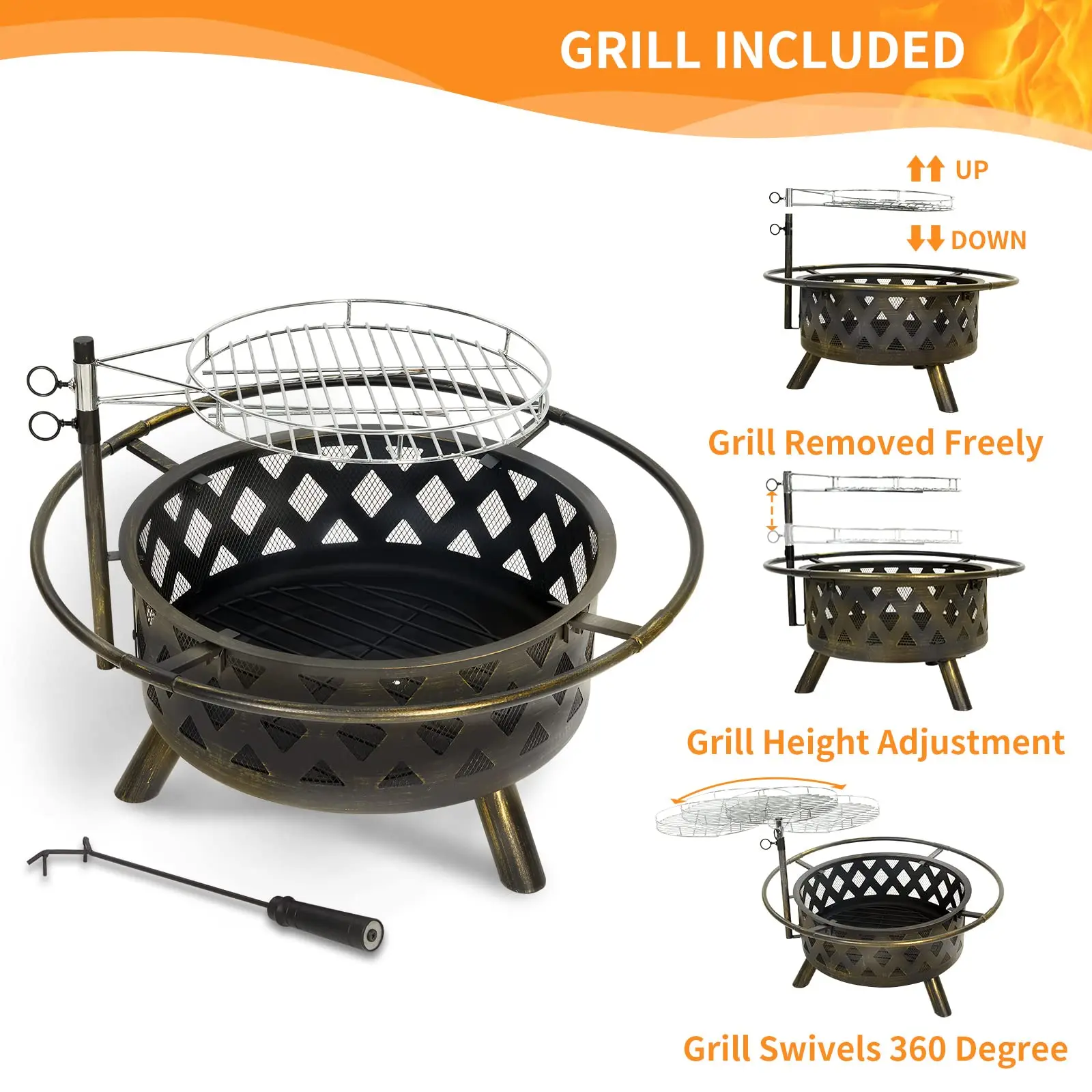 Outdoor Round Fire Pits Wood Burner Garden BBQ Portable Steel Fire Pits ...