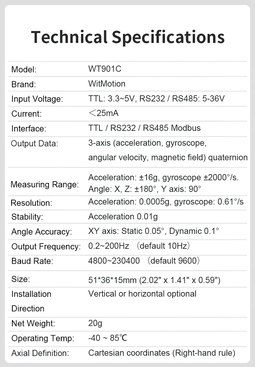 Witmotion WT901C-TTL High Precision 3 Axis Vibration Sensor