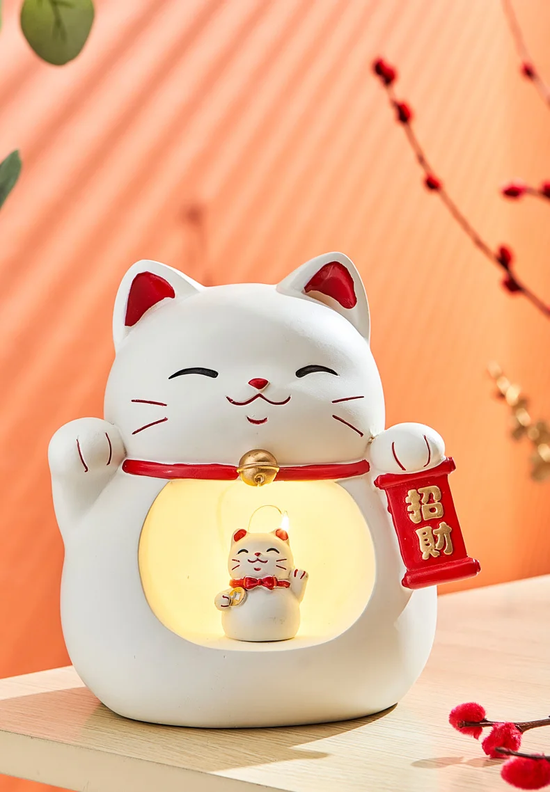 Chinese Lucky Cat Ornaments Night Light Home Decor Resin Maneki Neko ...