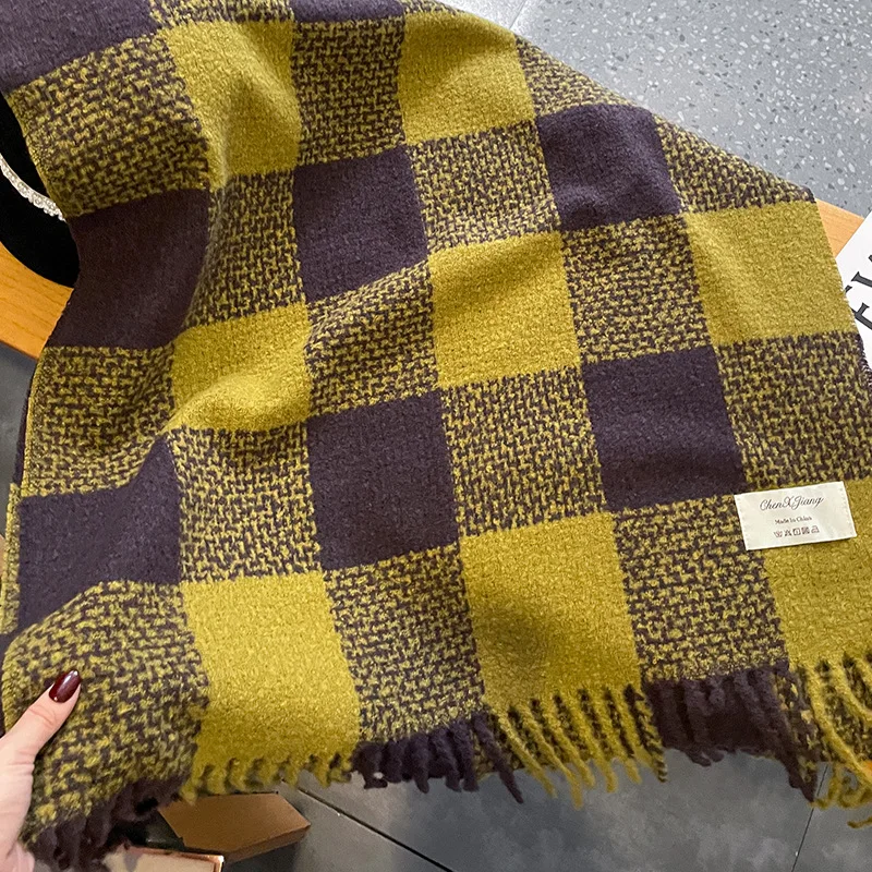 Korean Style Black Beige Checkered Winter Scarf for Women