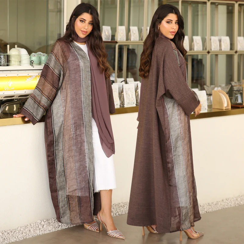 2024 Modest Fashion Linen Open Abaya Dubai Wholesales Brown Linen ...