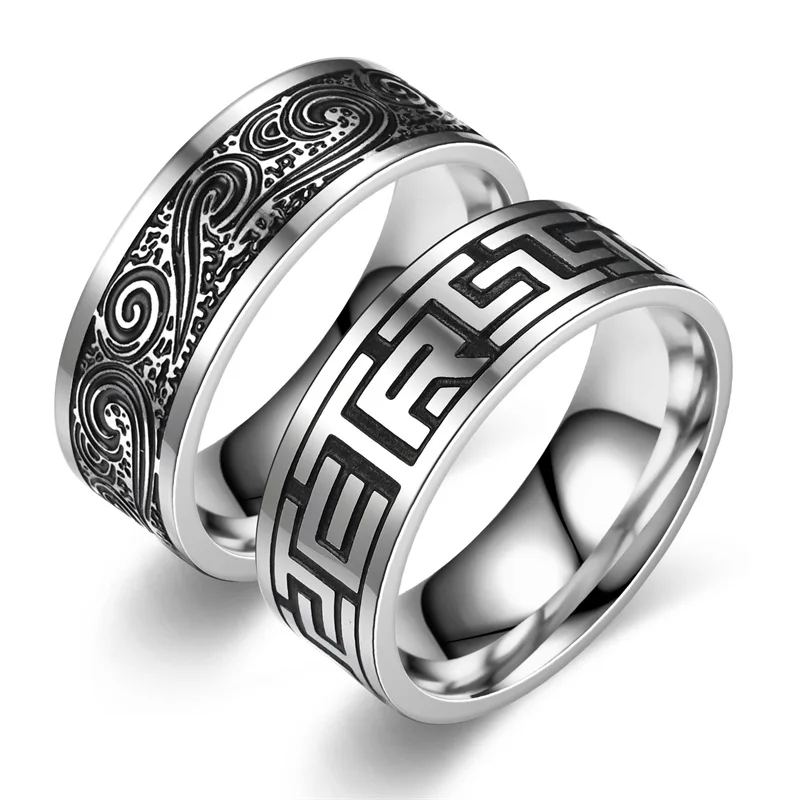 Stainless Steel Carved Sea Wave Great Wall Pattern Rings Punk Hip Hop ...