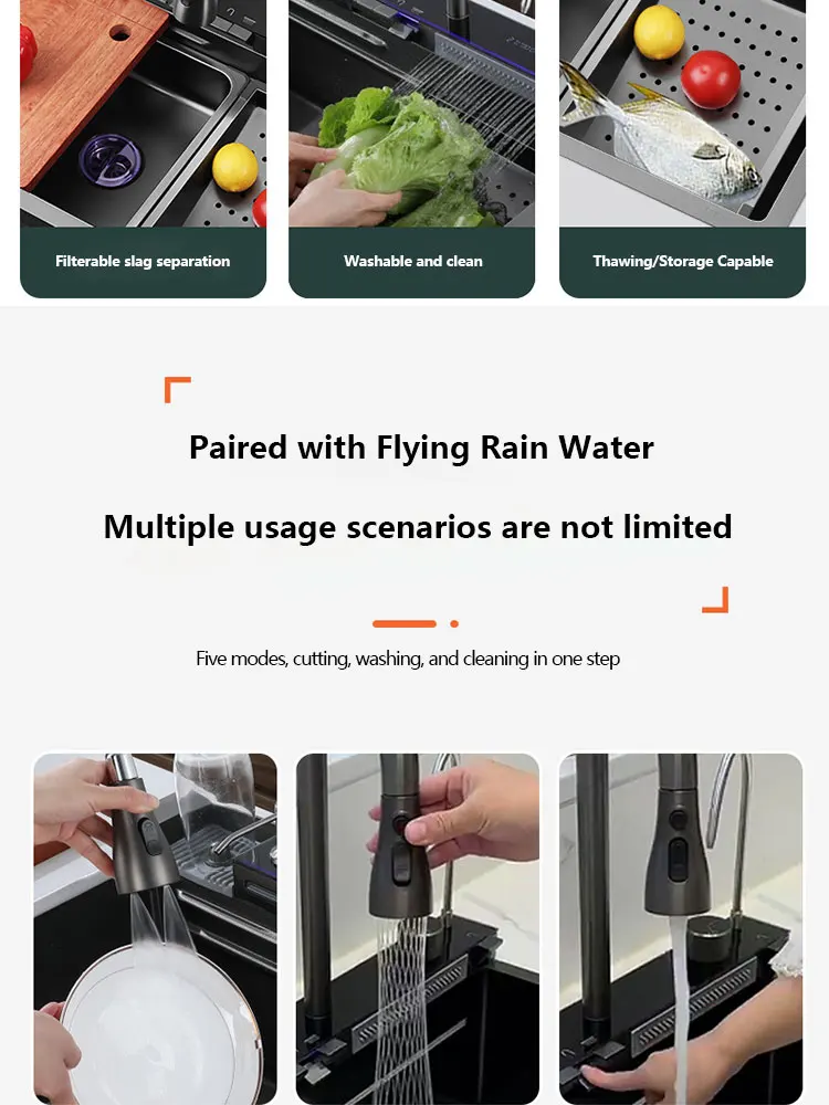 Modern Luxury Smart Multifunction Rainfall Black Sink Waterfall Piano ...