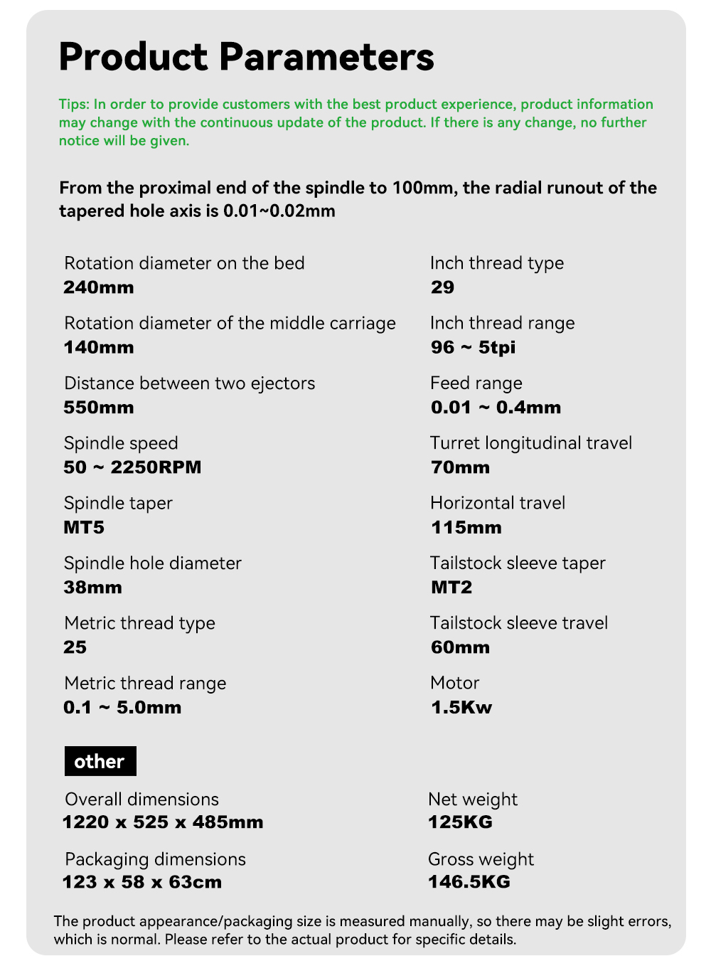 CT2550E Lathe Metalworking Tool MT5 Spindle 240mm Swing for DIY and ...