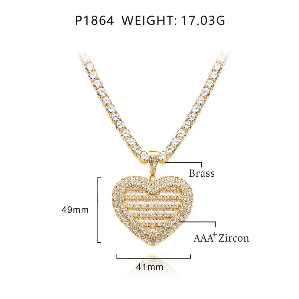 Iced Out Heart Pendant Charm Women Luxury Cubic Zirconia