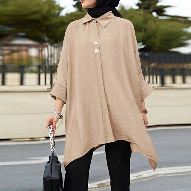 Solid Color Elegant Doll Sleeve Button Loose Muslim Shirt Women Camisas ...