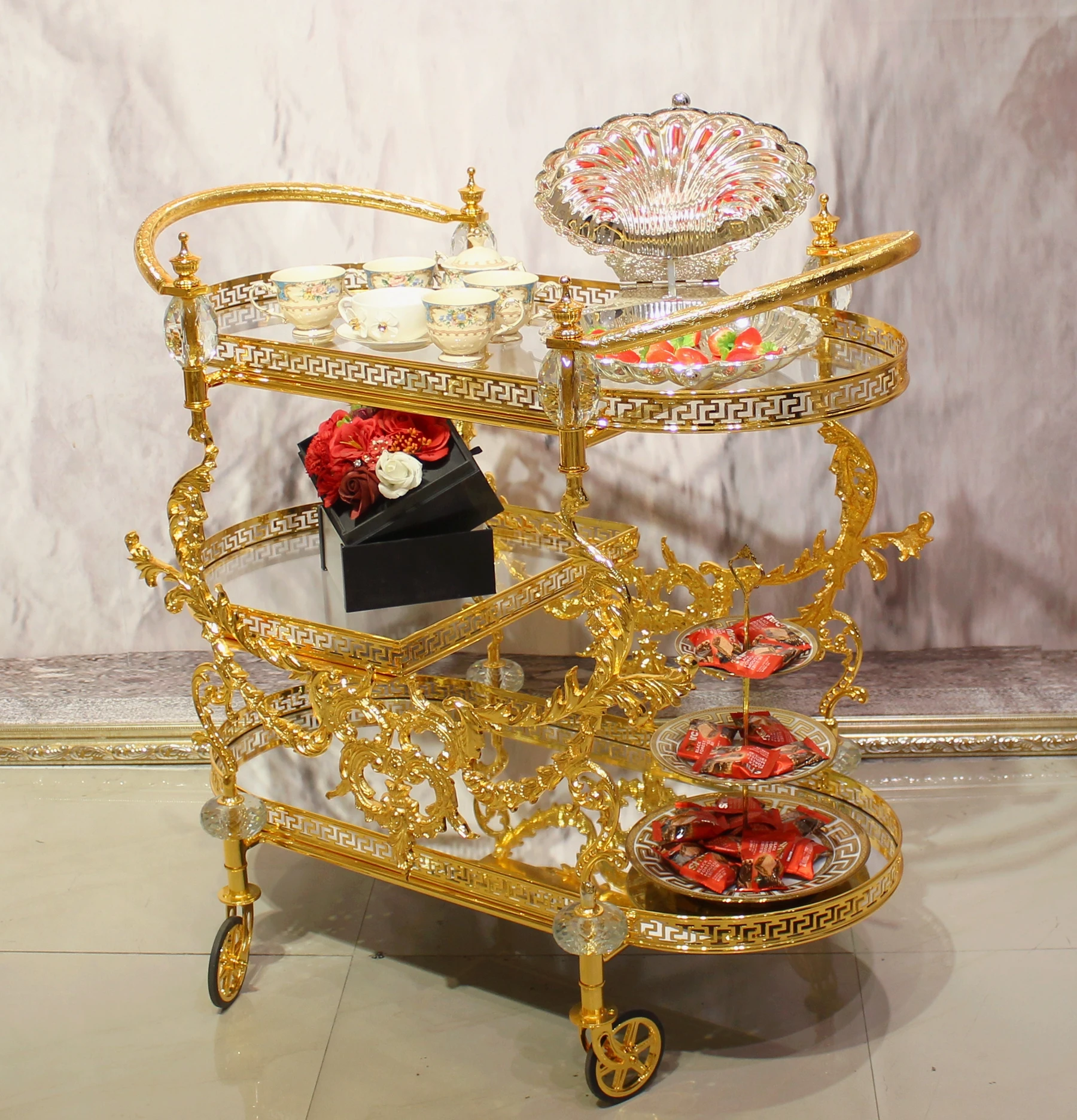 European Luxury Custom Carved Dining Cart Hotel Family Trolley Golden ...