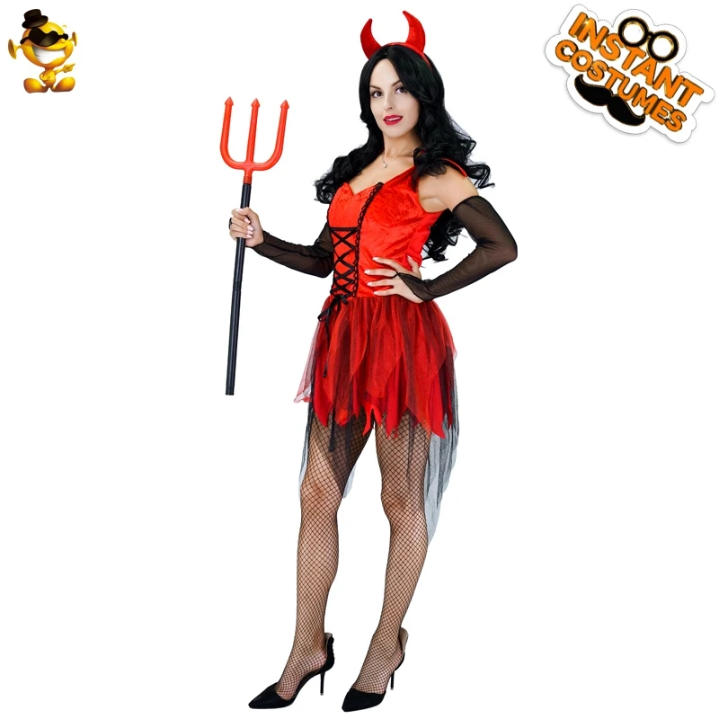 Women Red Devil Dress With Horn Halloween Party Cosplay Beautiful Devil ...