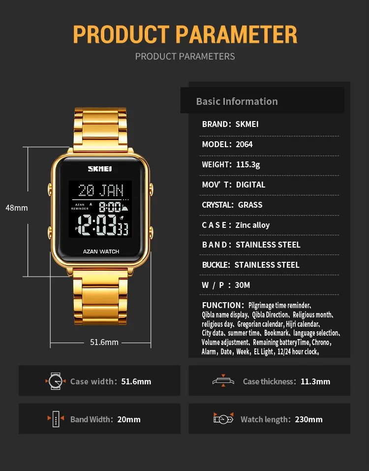 SKMEI 2064 Stainless Steel Man Azan Wrist Watch for Muslim Prayer Time ...