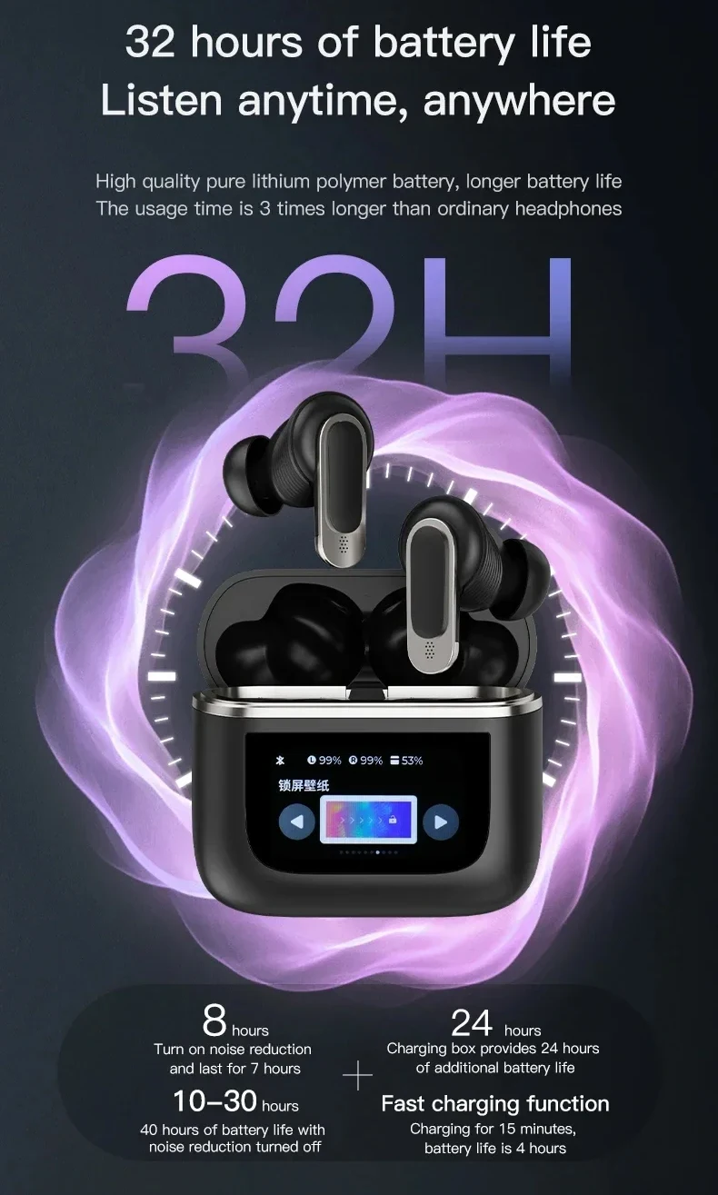 V8 Wireless TWS Earphones Smart LCD Touch Screen In-Ear Headphones ENC ...