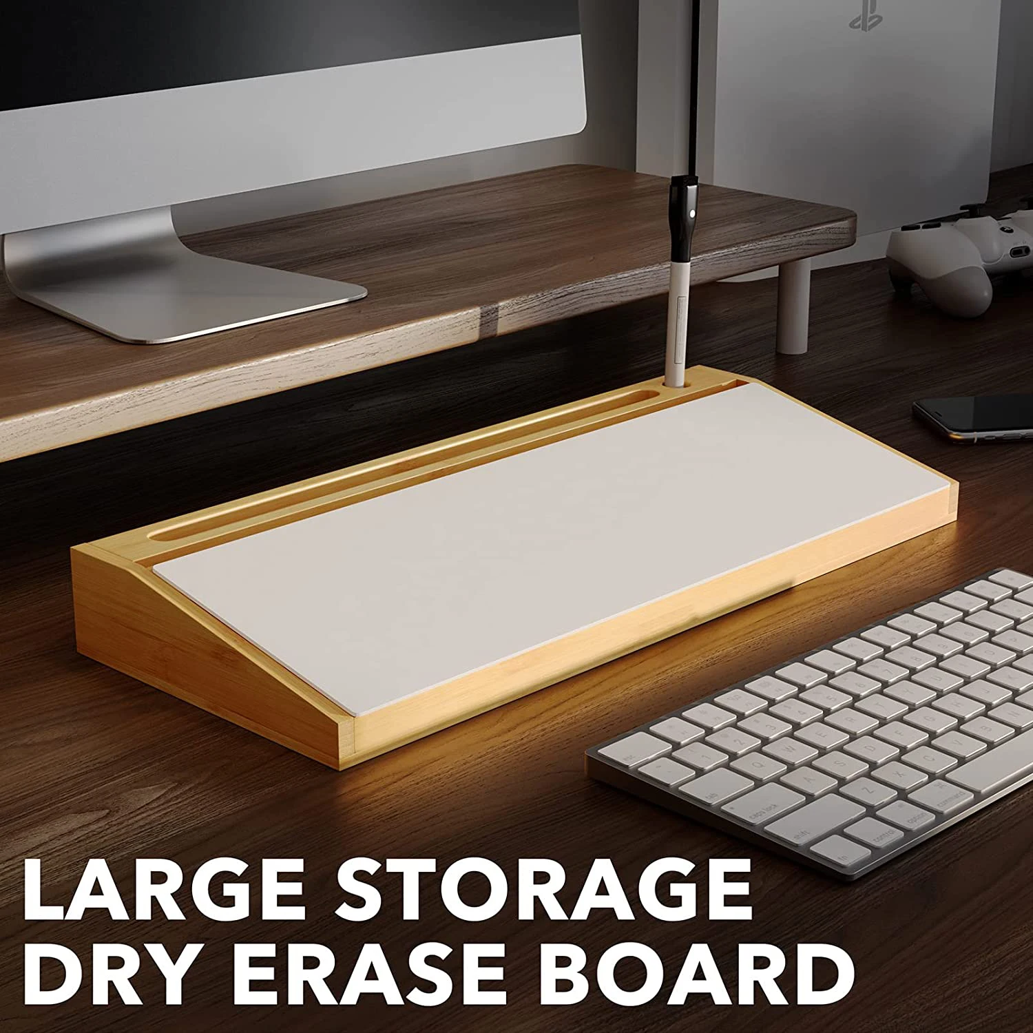 Bamboo Desktop Whiteboard With Organizer Box,Office Desk Dry Erase ...