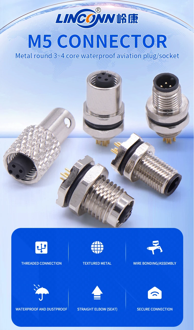 Panel Mount M5 2 3 4 Pin IP67 Waterproof Industrial Solder Front ...