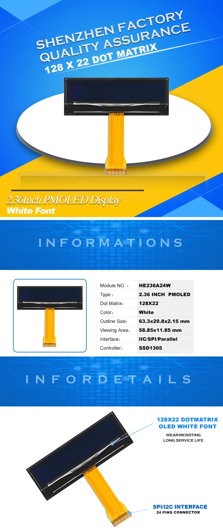 2.36 inch oled Black-white SSD1305 24pin 128x22 resolutions 2.36inch ...