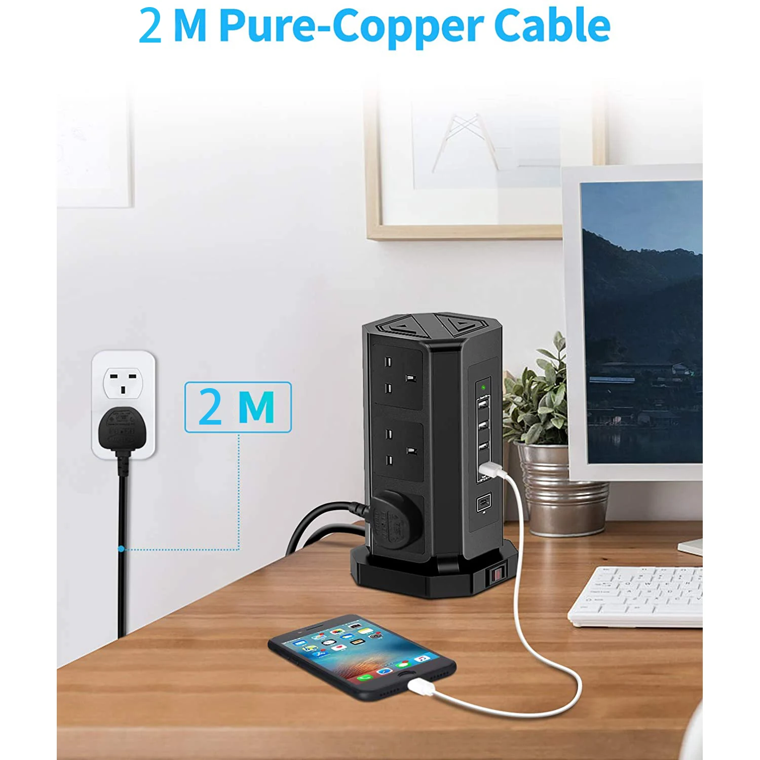 Office Table Power Extension Board - 9AC Outlets & USB Ports