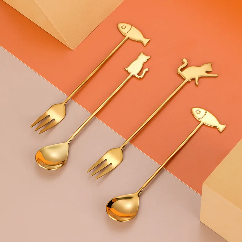 Cute Mini Cat Spoon Gold Dessert Tea Spoon Fish Spoons For Coffee Ice ...