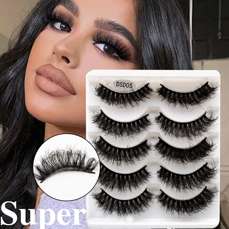 5 Pairs 100% Mink False Eyelashes Hand Made Natural Fluffy Dd Curl Faux ...